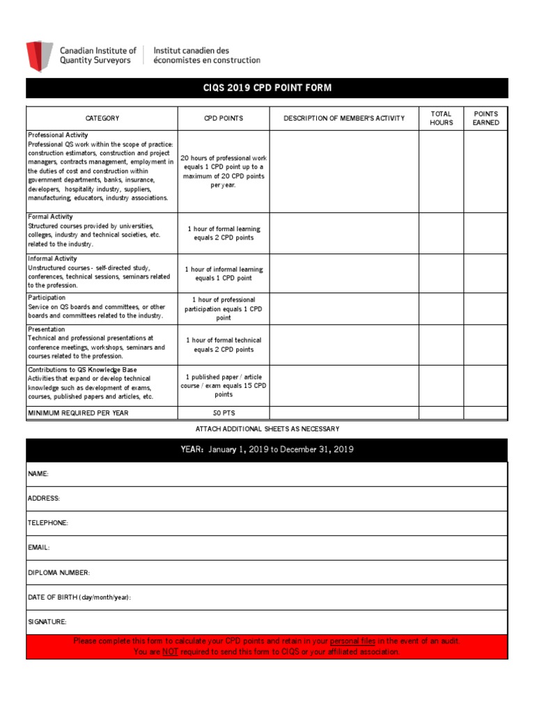 Ciqs 2019 CPD Point Form: YEAR: January 1, 2019 To December 31, 2019 ...