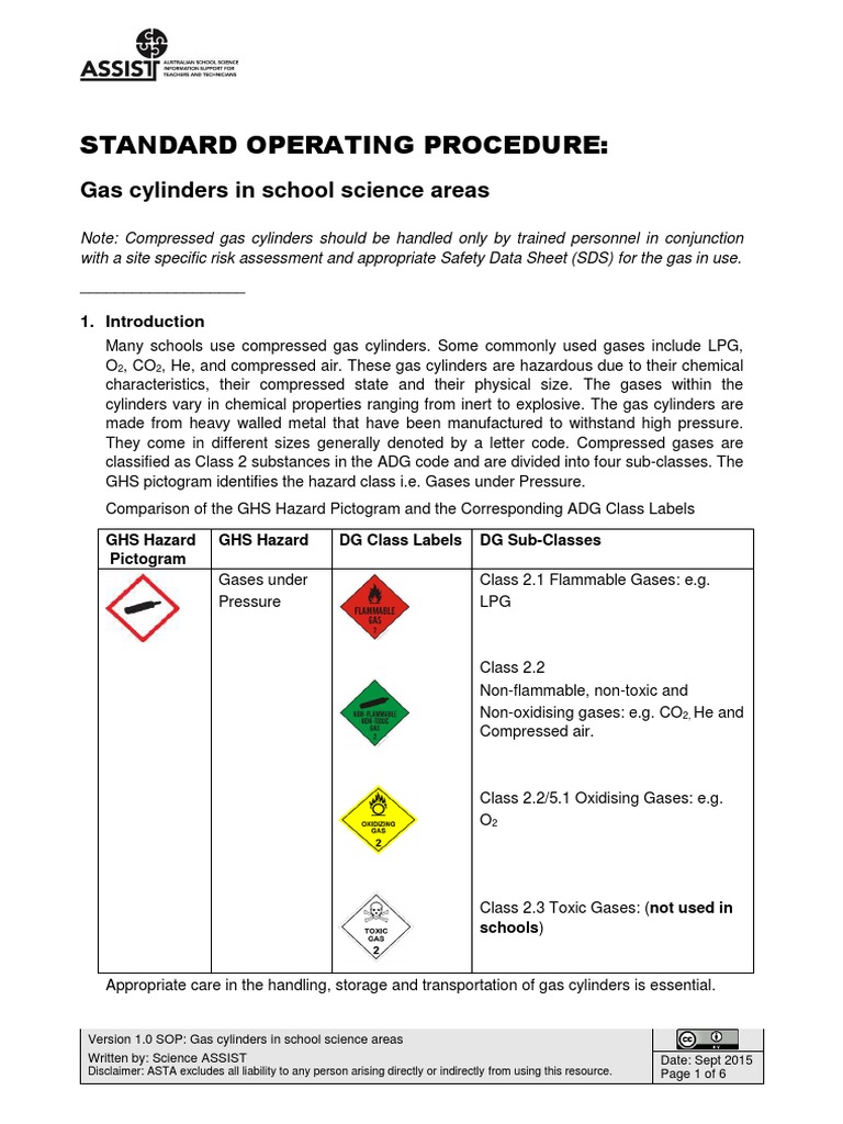 SOP Gas Cylinders in School Science Areas | PDF | Dangerous Goods | Gases