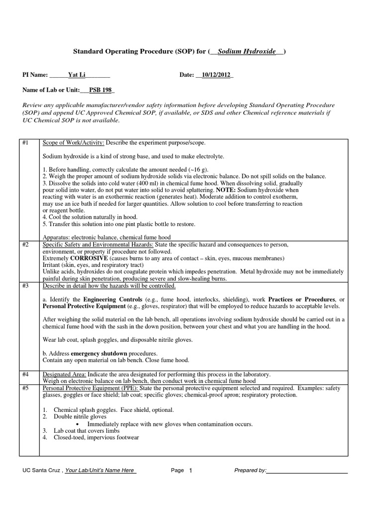Sodium Hydroxide SOP and Safety Guide | PDF | Personal Protective ...