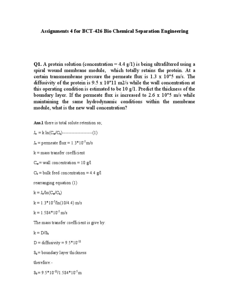 Bio Chemical Separation Assignment No. 4 | PDF | Membrane | Mechanical Engineering