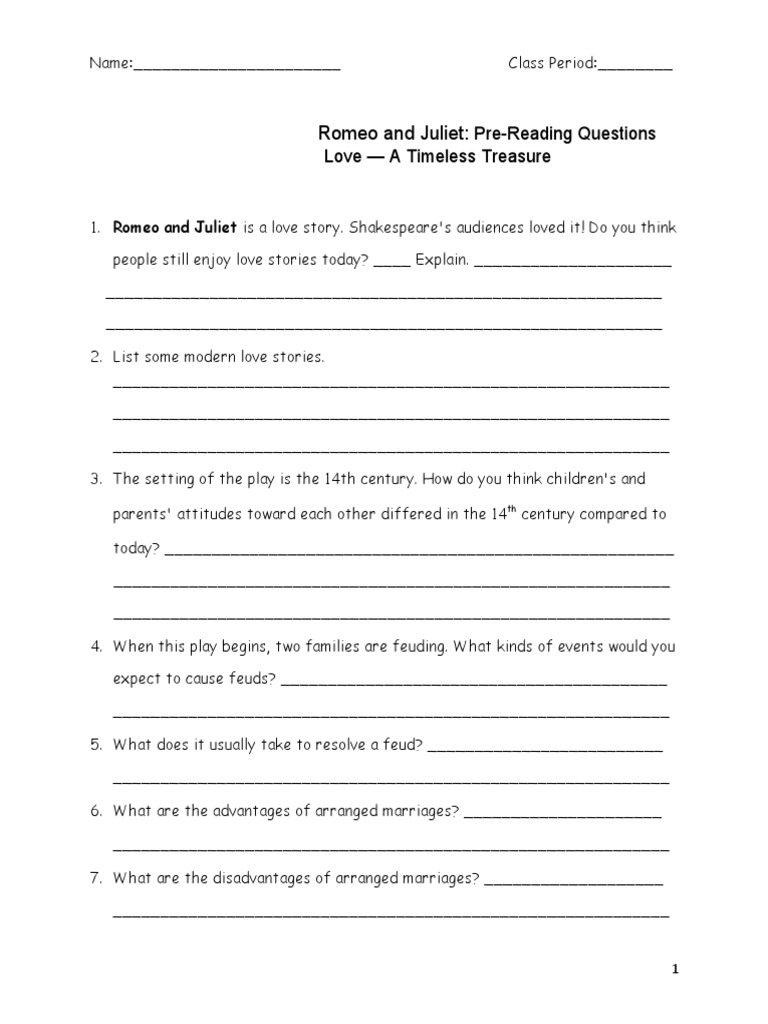 Pre-Reading Questions for Romeo and Juliet | PDF | Romeo And Juliet | Love