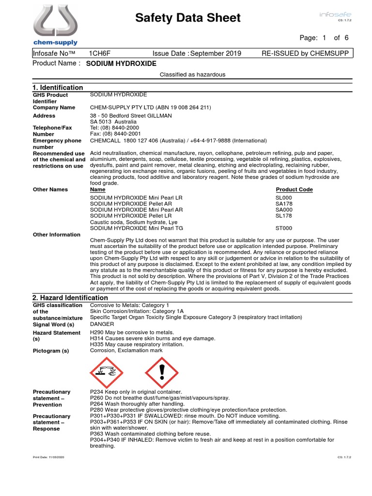 Safety Data Sheet: Sodium Hydroxide | PDF | Dangerous Goods | Personal ...