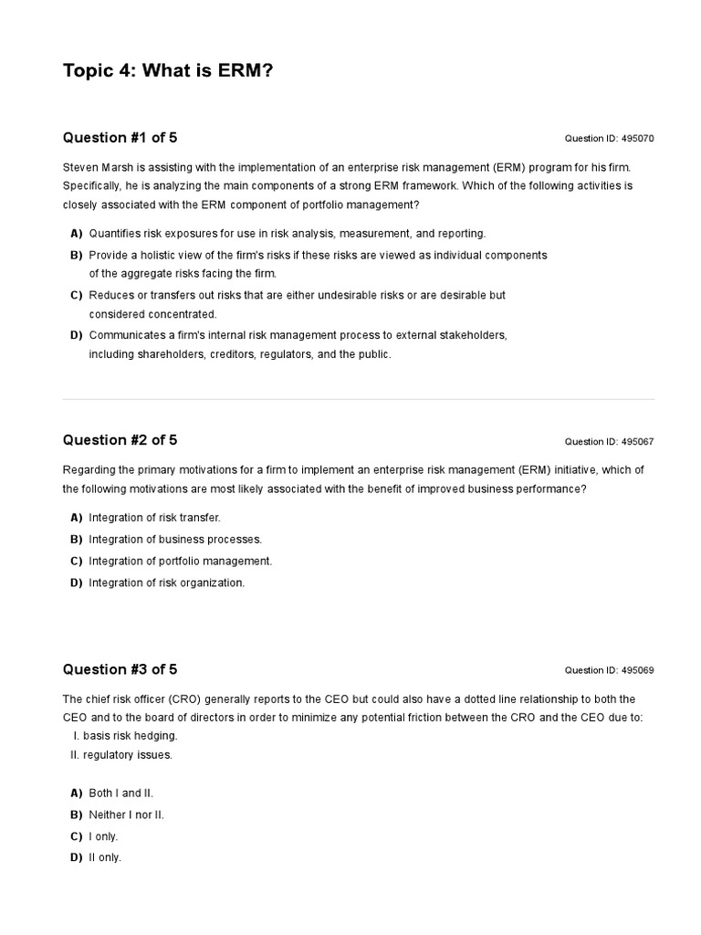 Topic 4 What Is ERM Question Bank | PDF | Risk | Policy