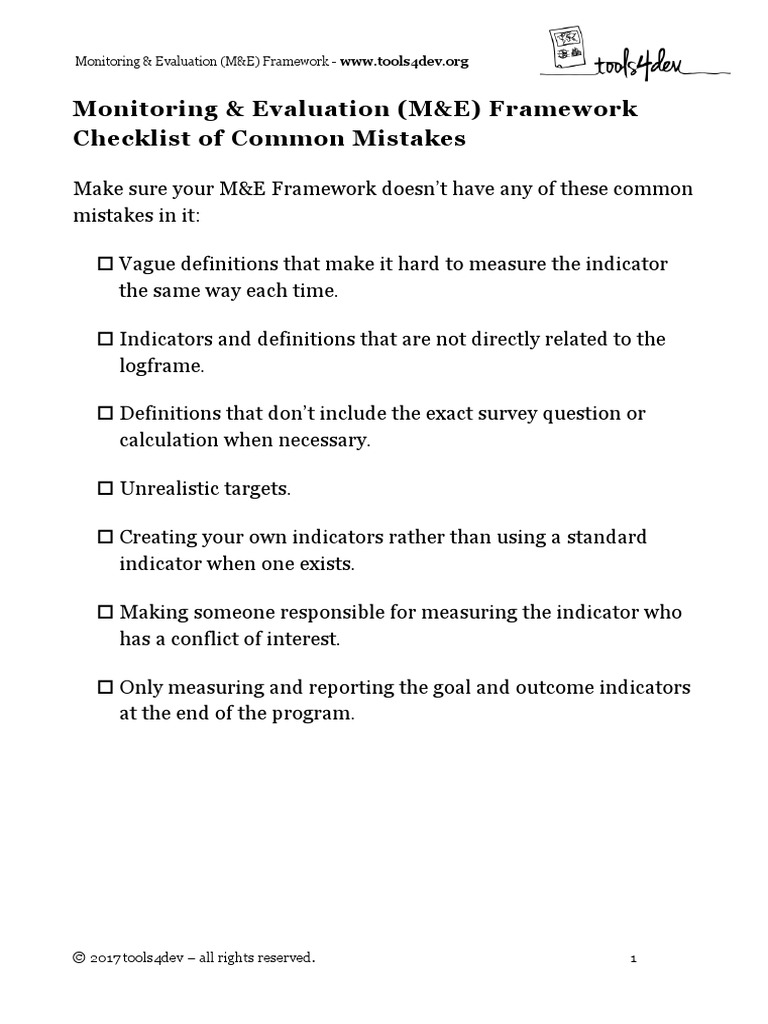 Monitoring & Evaluation (M&E) Framework Checklist of Common Mistakes | PDF