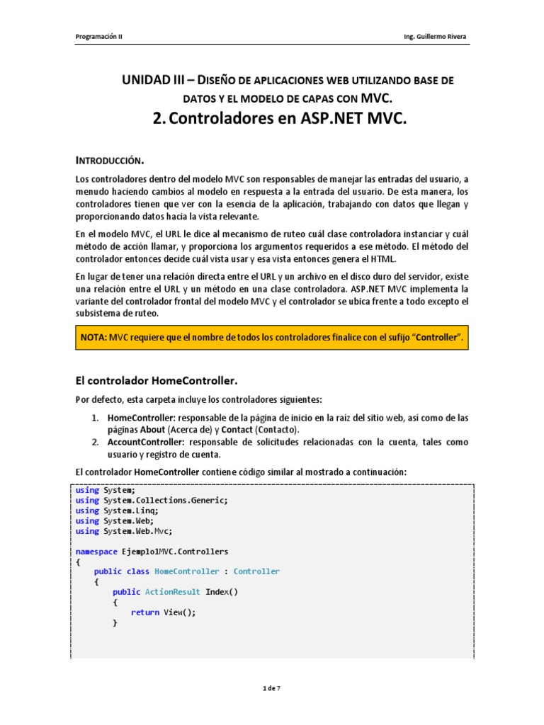 ASPNET MVC Controladores | PDF | Modelo – Vista – Controlador | Páginas del servidor activo
