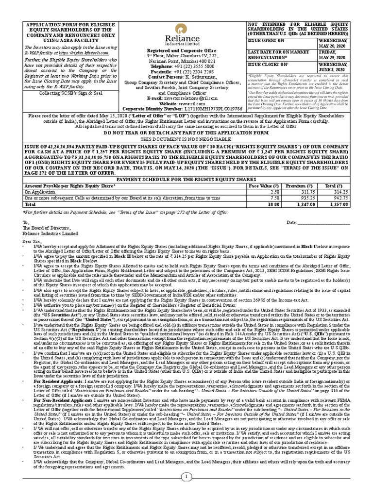 Reliance Rights Equity Share Application Form | PDF | Securities Act Of ...