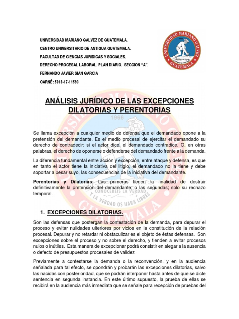 Análisis Jurídico de Las Excepciones Dilatorias y Perentorias | PDF ...
