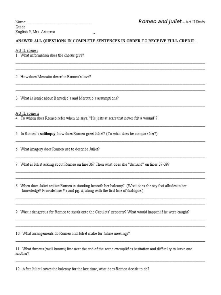 Romeo and Juliet: Answer All Questions in Complete Sentences in Order ...