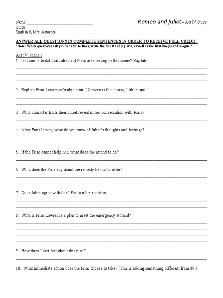 Romeo and Juliet: Answer All Questions in Complete Sentences in Order ...