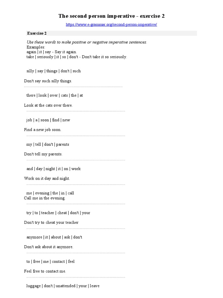 The Second Person Imperative - Exercise 2: Use These Words To Make ...