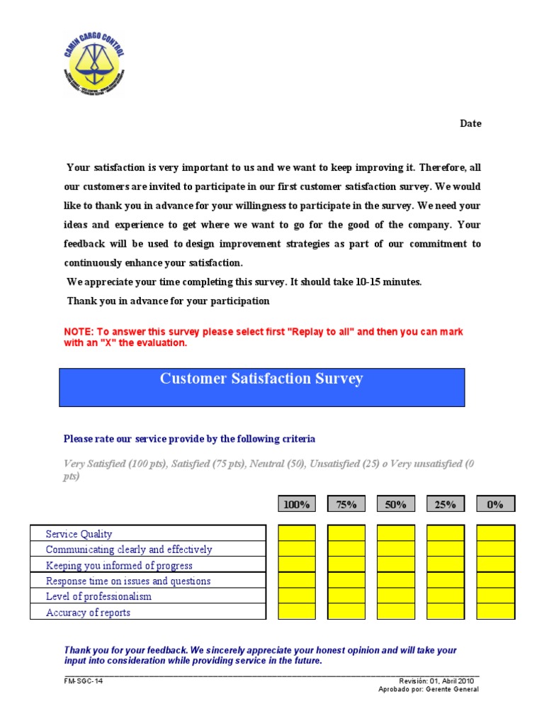 Customer Satisfaction Survey: Please Rate Our Service Provide by The ...
