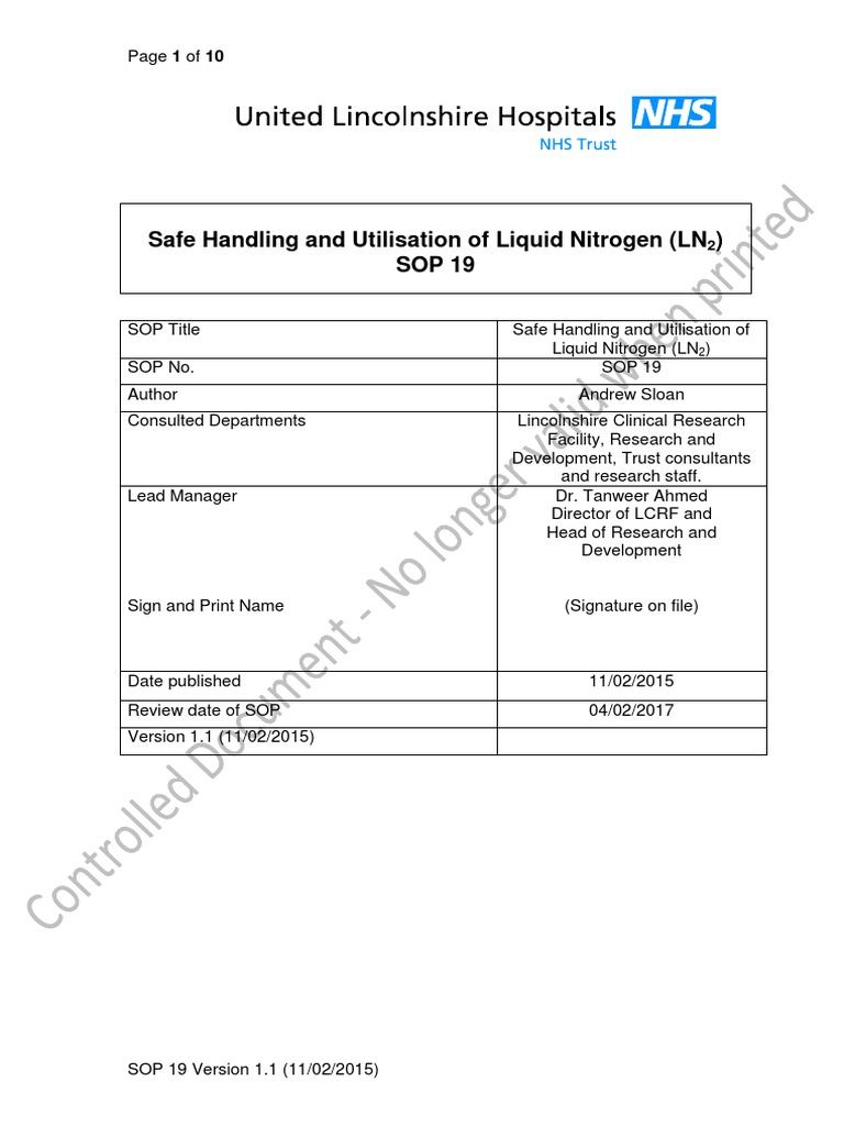 SOP19 Safe Handling of Liquid Nitrogen | PDF | Cryogenics | Nitrogen