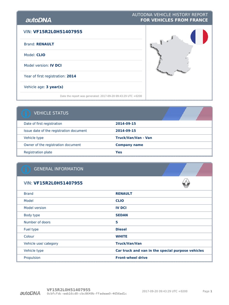 VIN: VF15R2L0H51407955: Autodna Vehicle History Report | PDF | Fuel ...