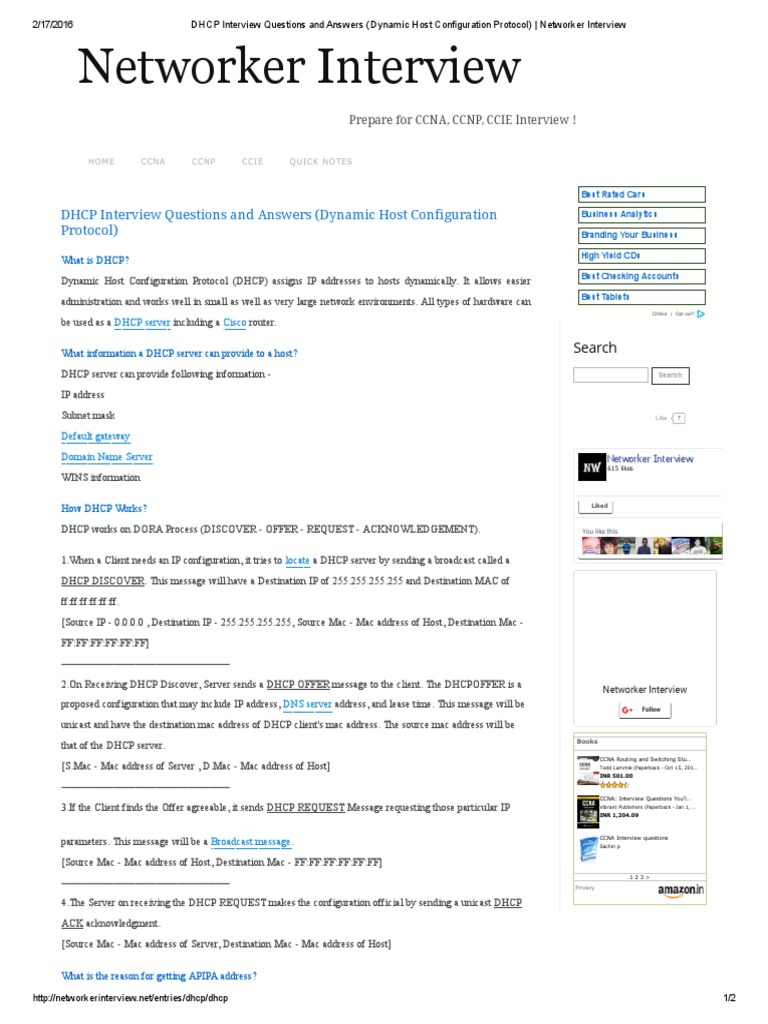 DHCP Interview Questions and Answers (Dynamic Host Configuration Protocol) | PDF | Ip Address ...