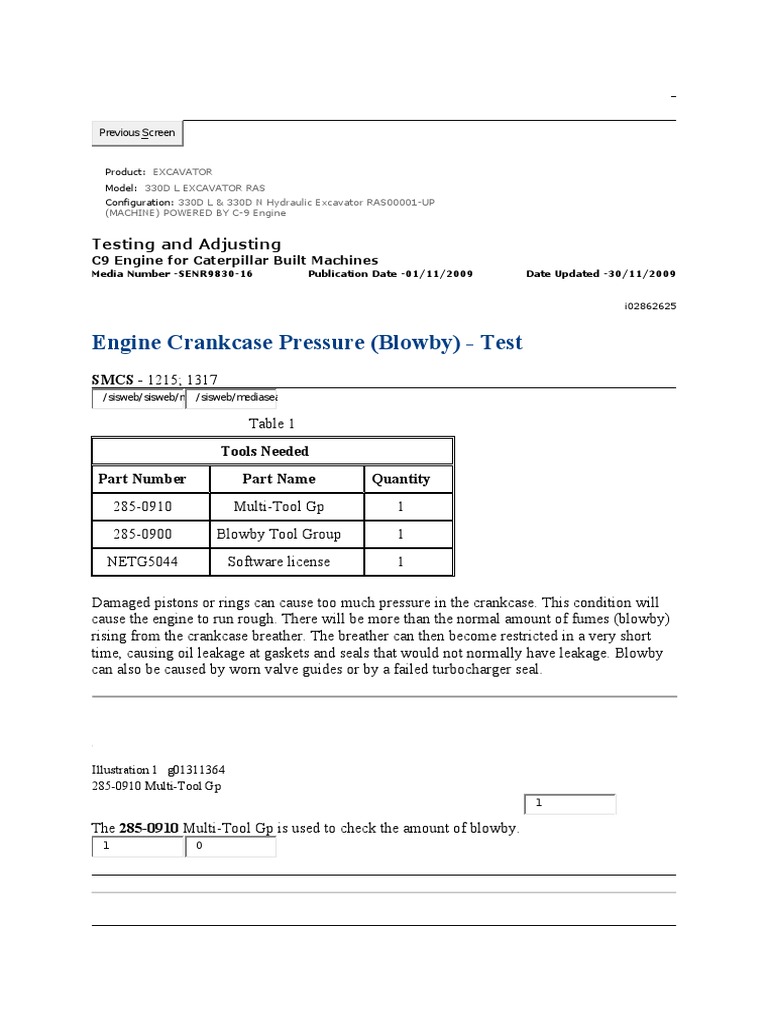 Engine Crankcase Pressure (Blowby) - Test: Testing and Adjusting | PDF