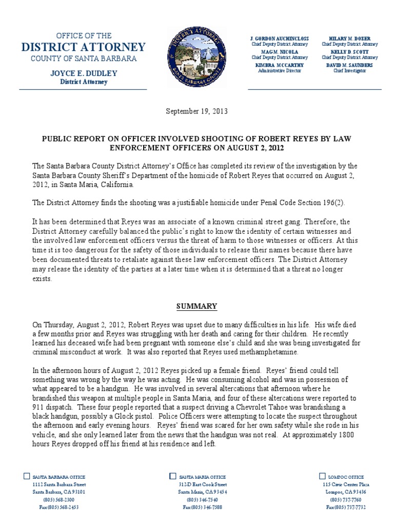 OIS DA Report Reyes 8-02-12 | PDF | California Highway Patrol | Swat