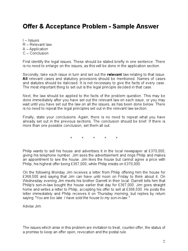 Contract Problem Sample Answer-1 | PDF | Offer And Acceptance | Private Law