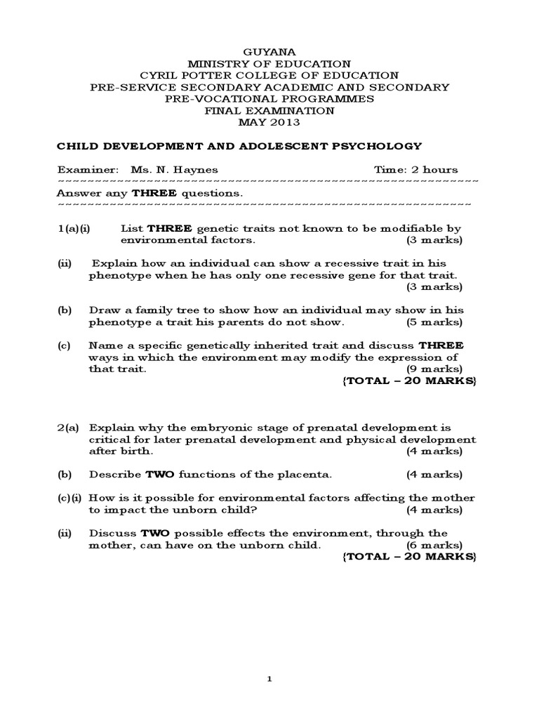 Child Development Exam Guide | PDF | Adolescence | Self Esteem