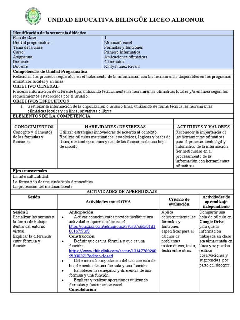 Plan de Clase Demostrativa | PDF | Microsoft Excel | Evaluación