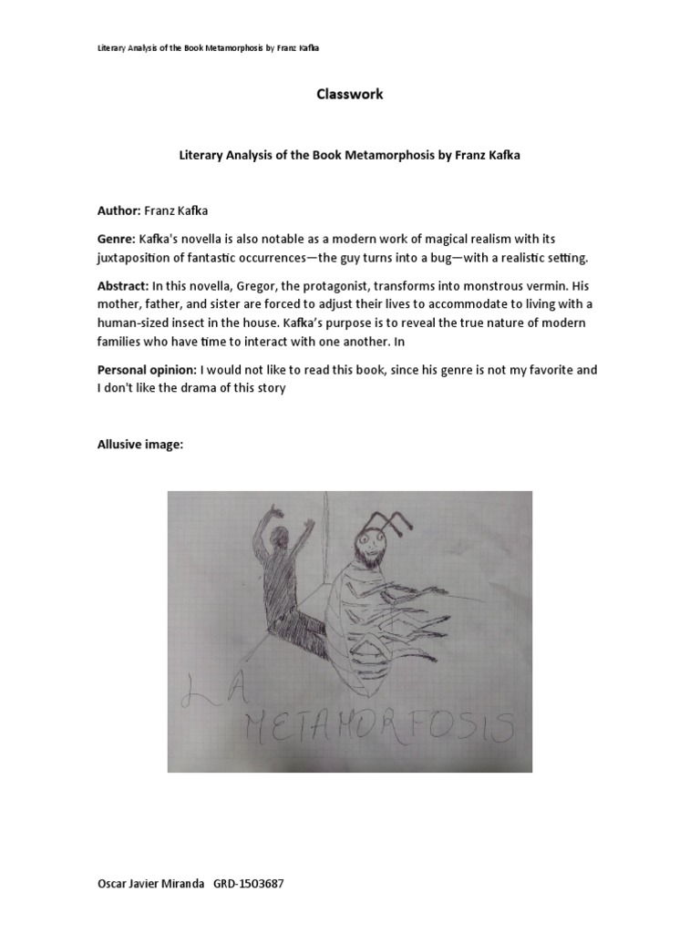 Classwork: Literary Analysis of The Book Metamorphosis by Franz Kafka | PDF