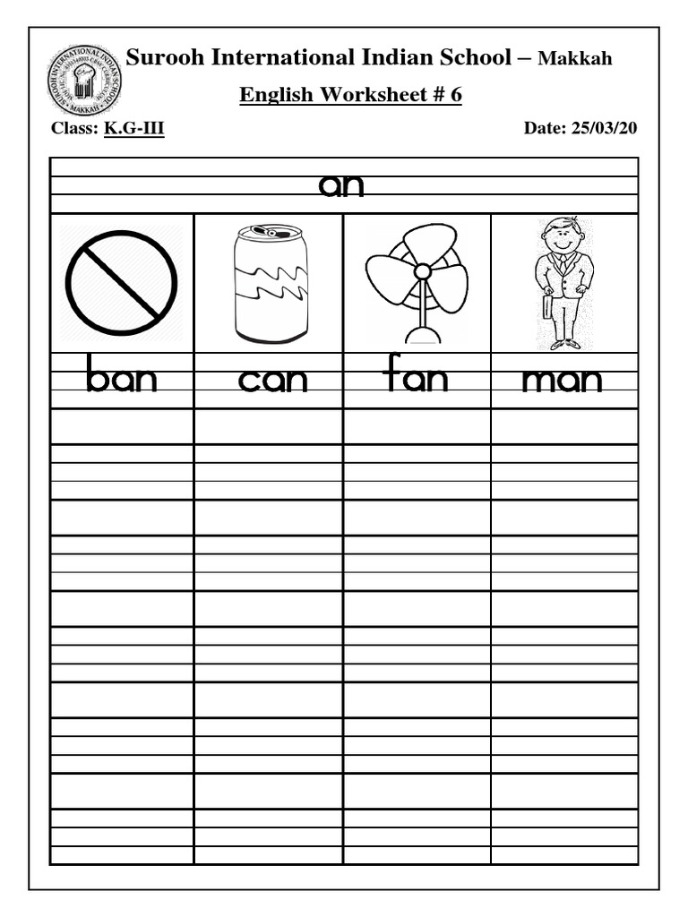 English Worksheet for K.G-III Students | PDF
