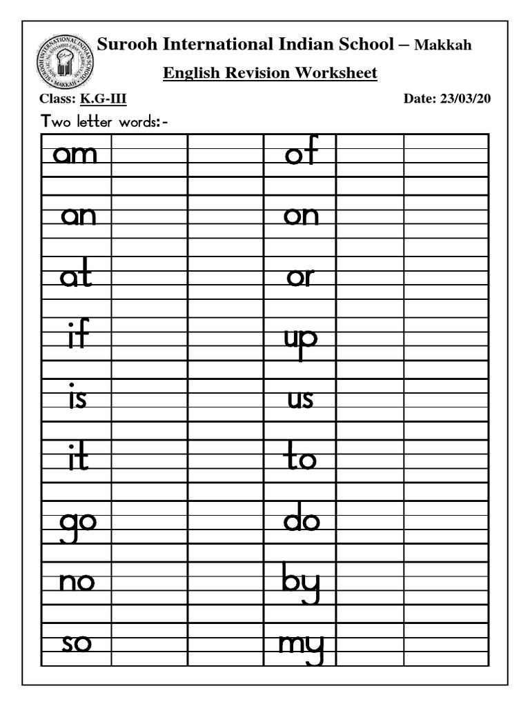 KG3 English Revision: Two-Letter Words | PDF