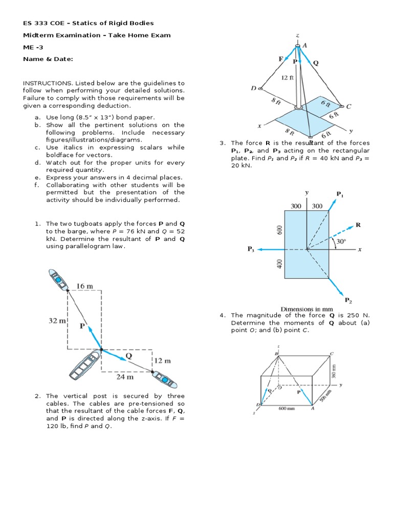 Midterm Examination on Statics of Rigid Bodies: Take Home Exam with 10 ...