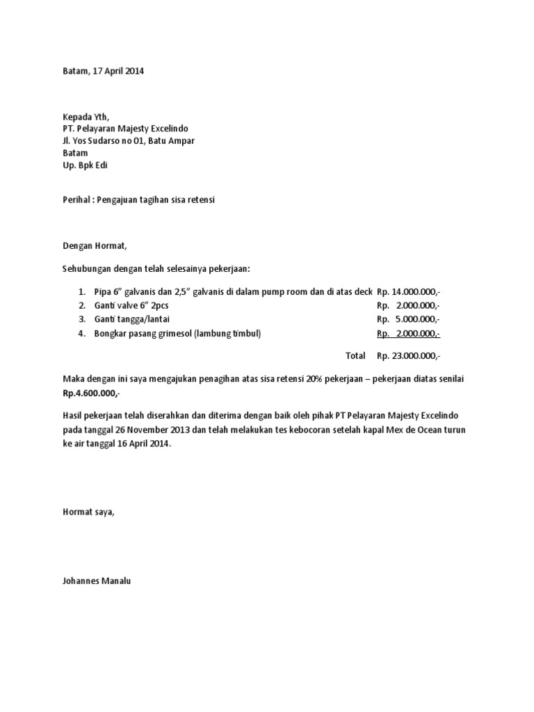 Pengajuan Tagihan Sisa Retensi Proyek | PDF