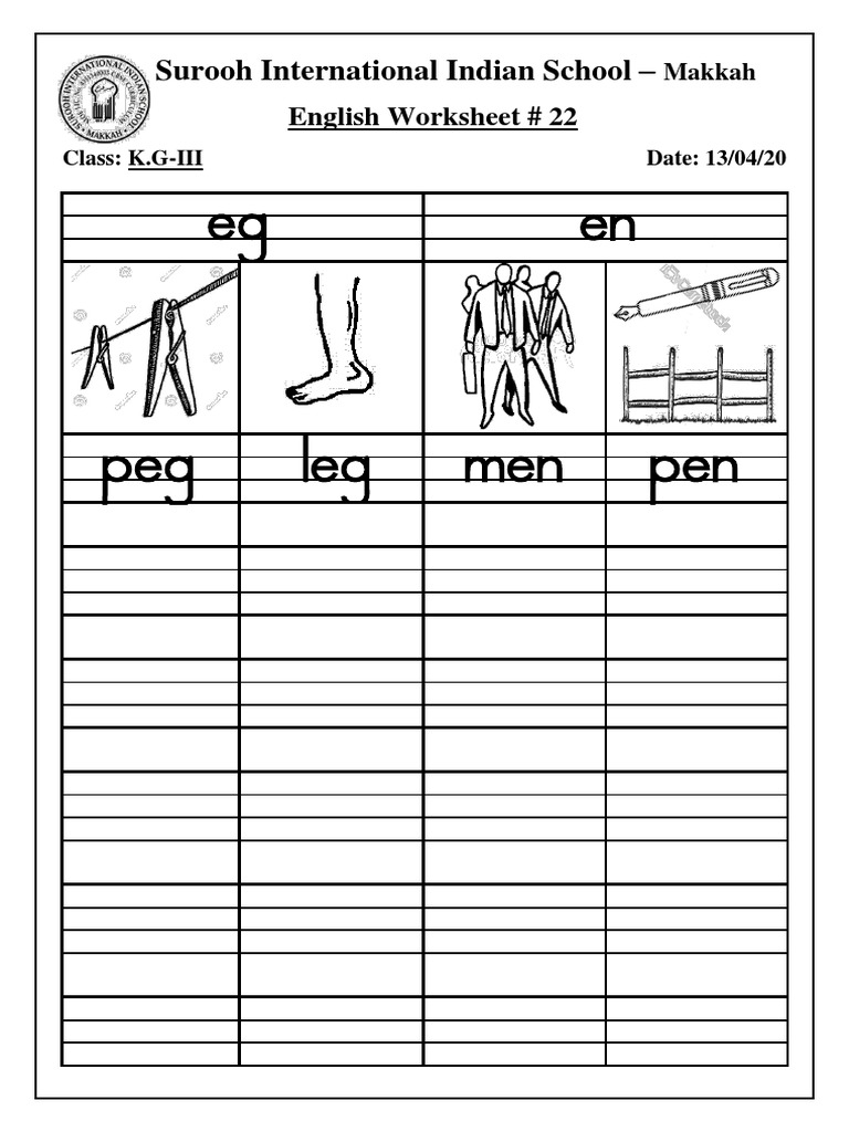 English Worksheet for K.G-III Students | PDF