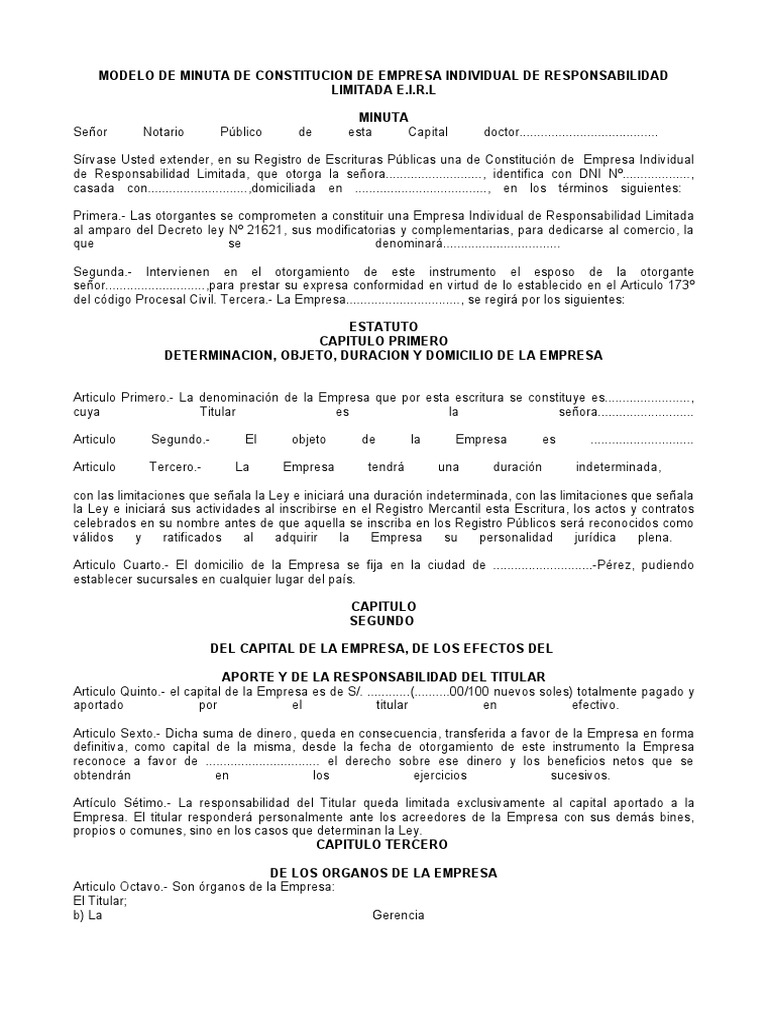 MODELO DE MINUTA DE CONSTITUCION DE EMPRESA INDIVIDUAL DE RESPONSABILIDAD LIMITADA E | Sociedad ...