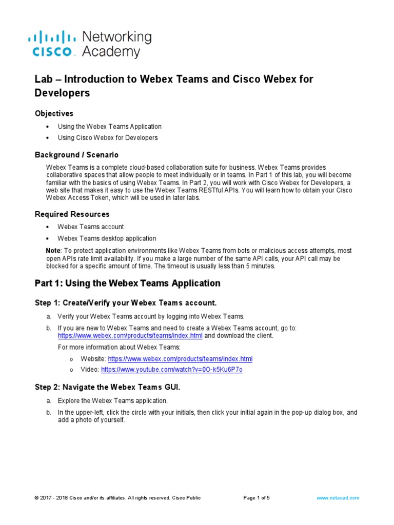 2.1.3.7 Lab - Introduction To Webex Teams and Cisco Webex For ...