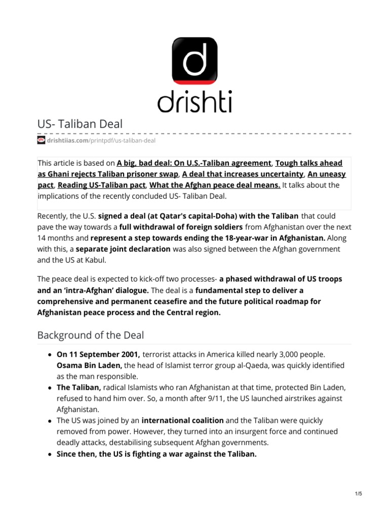 US-Taliban Deal: Background of The Deal | PDF | Taliban | Afghanistan