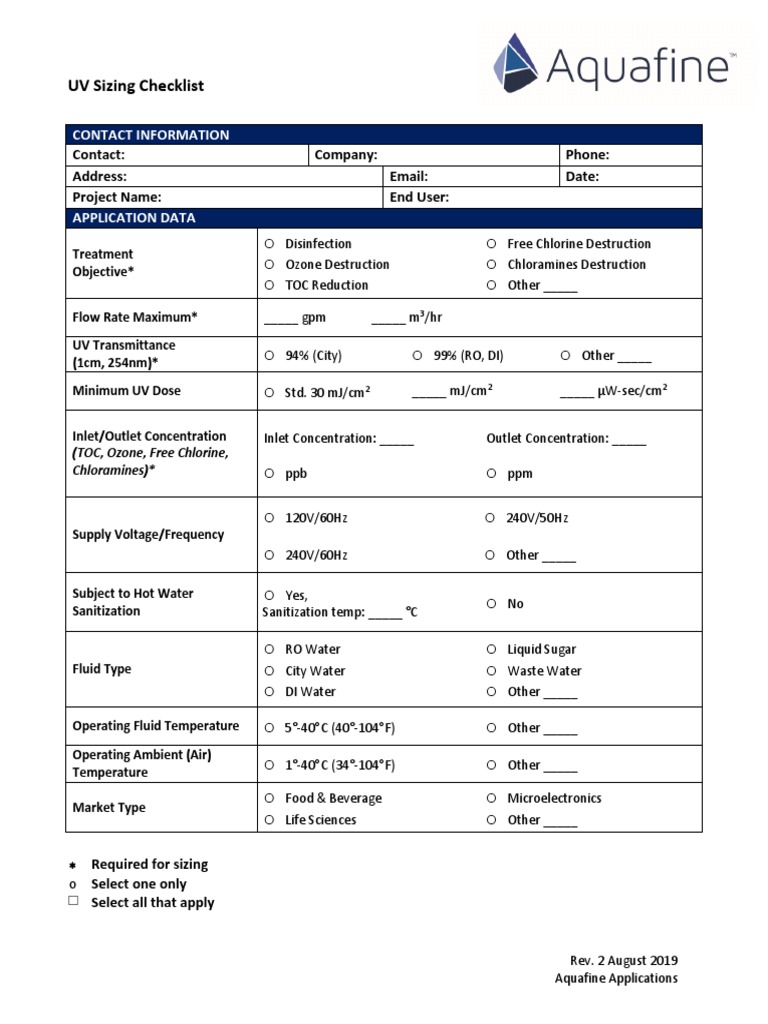 UV Sizing Checklist | PDF | Ozone | Total Organic Carbon