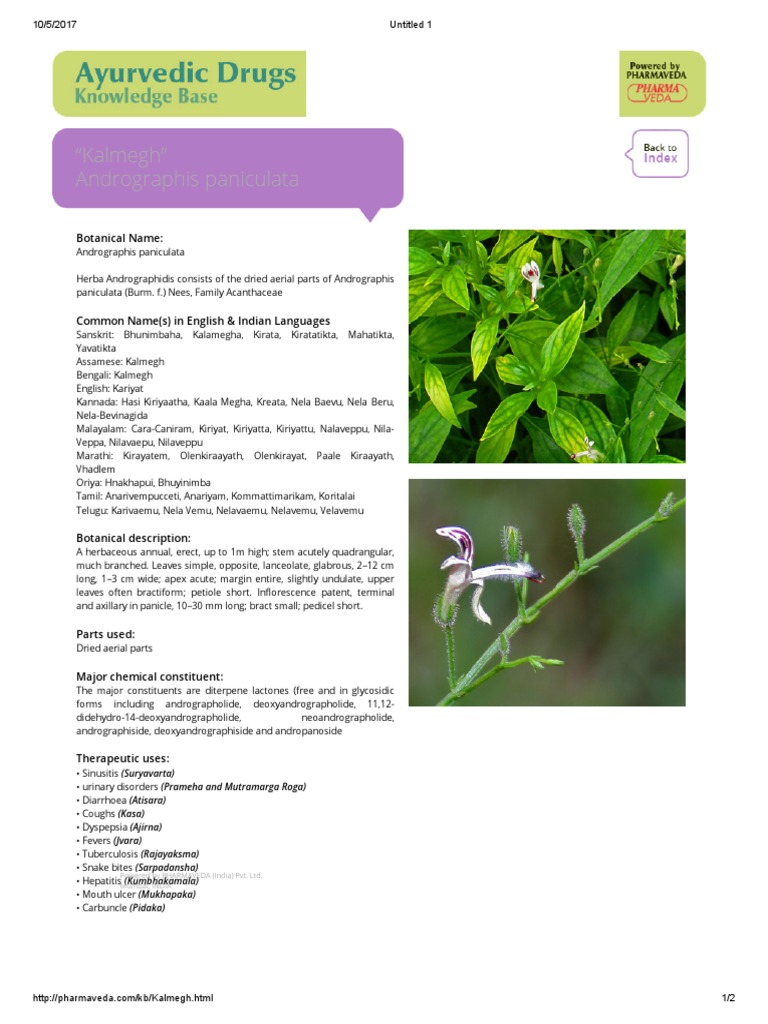 "Kalmegh" Andrographis Paniculata: Botanical Name | PDF | Plants | Languages Of India