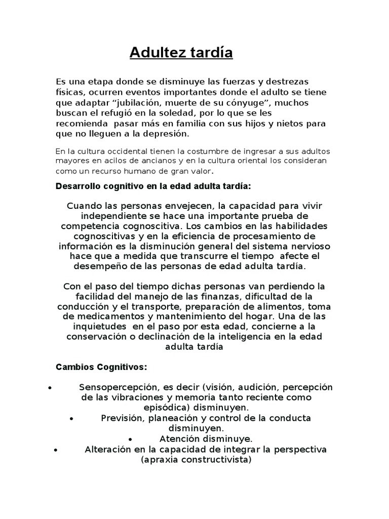 Adultez Tardía | PDF | Adultos | Vejez