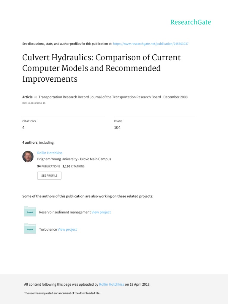 Culvert Hydraulics: Comparison of Current Computer Models and ...