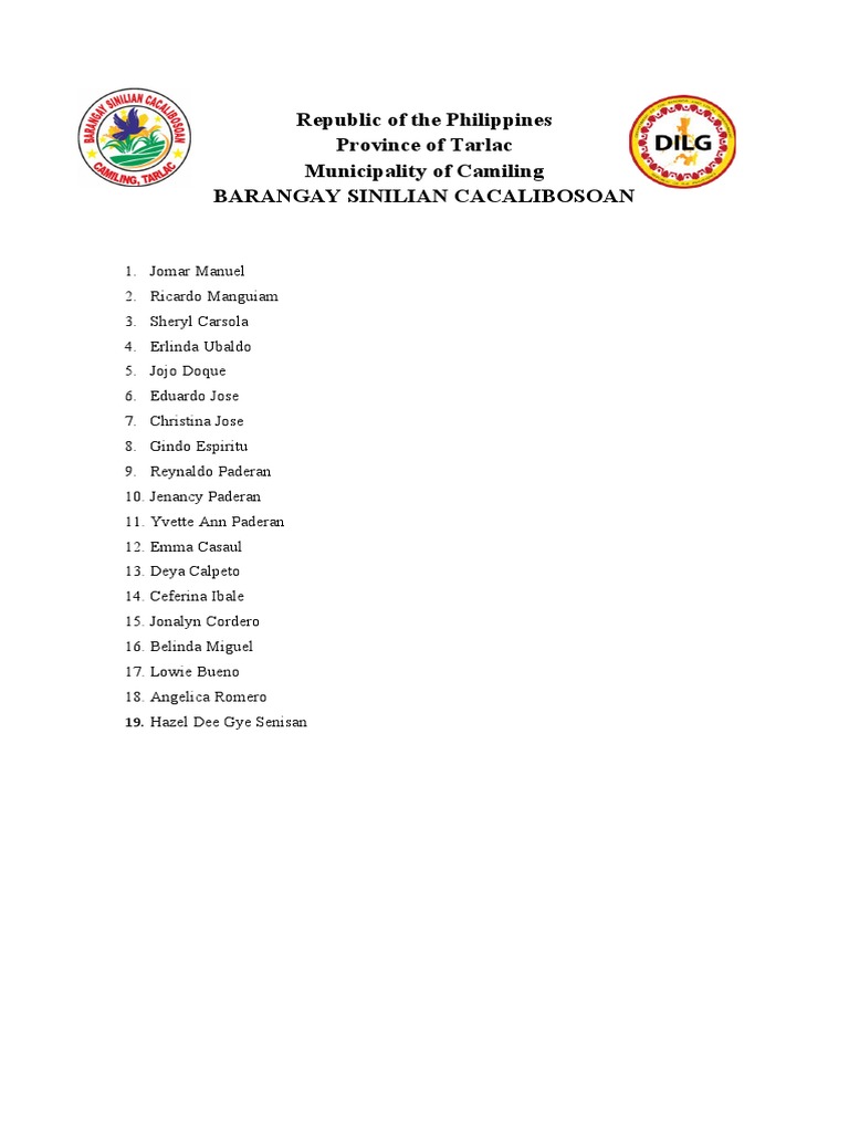 Republic of The Philippines Province of Tarlac Municipality of Camiling ...
