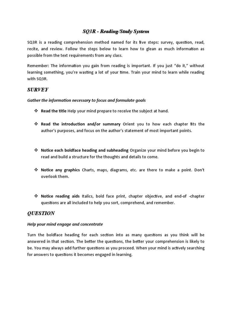 SQ3R: Effective Reading Strategy | PDF | Self-Improvement