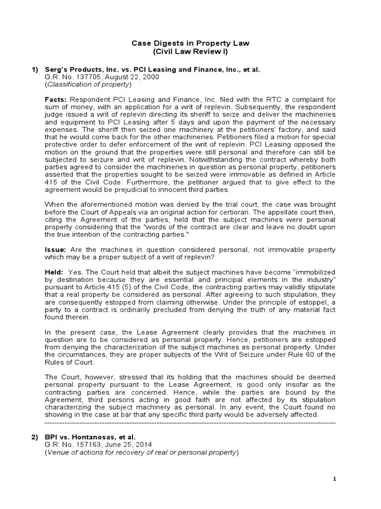 CASE DIGESTS in Property Law | PDF | Lawsuit | Lease