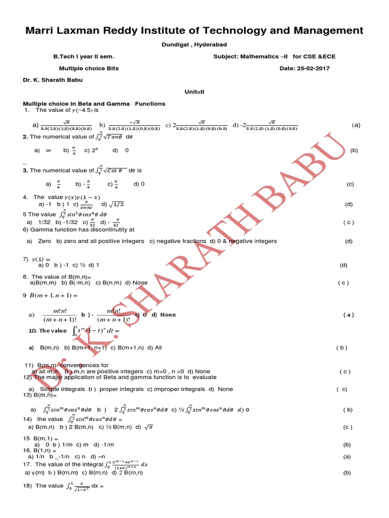 Beta Gamma Multiple Choice Bits Exhaustive | PDF | Complex Analysis | Teaching Mathematics