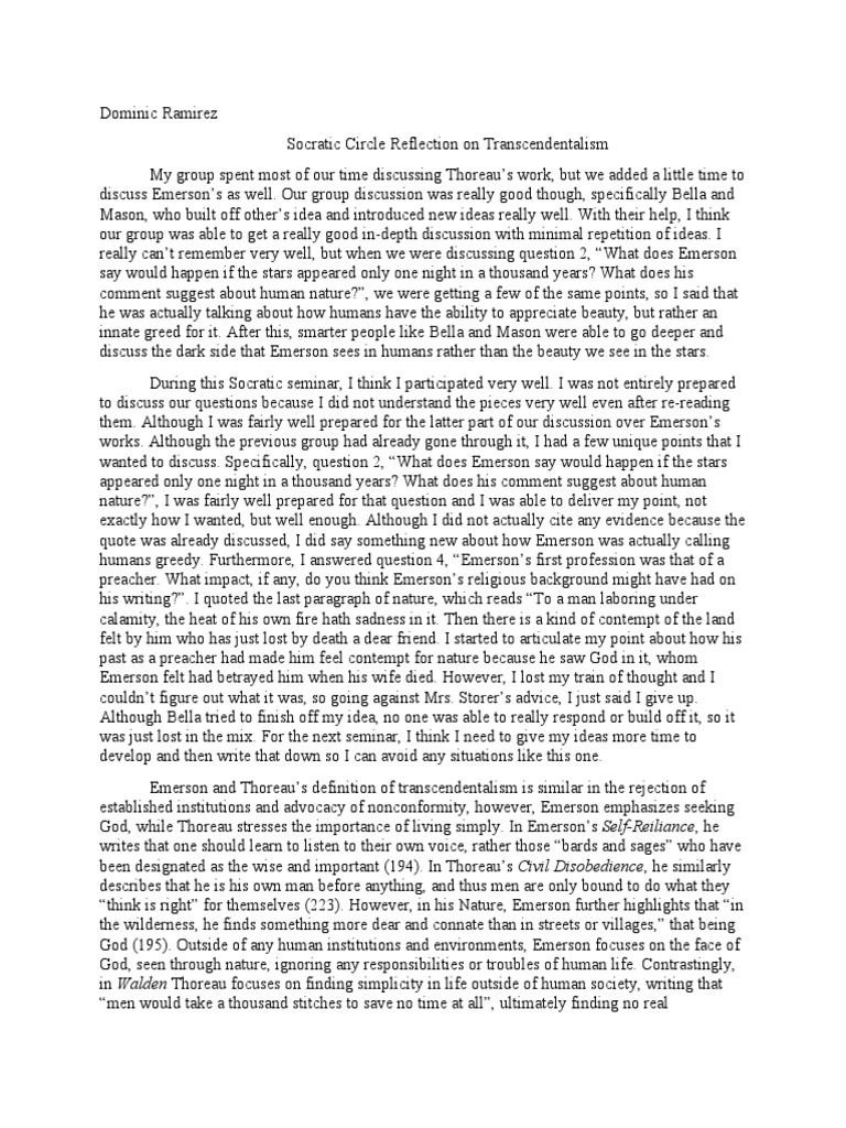 Socratic Seminar-Transcendentalism Reflection | PDF | Ralph Waldo ...