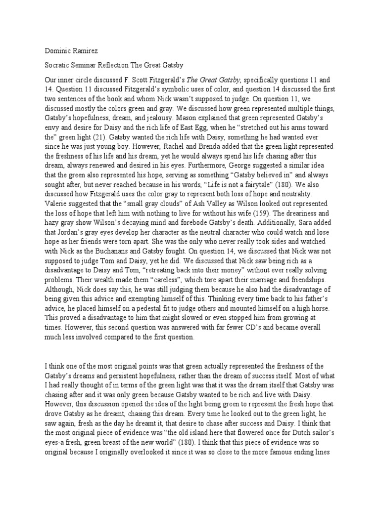 Socratic Seminar-The Great Gatsby Reflection | PDF | The Great Gatsby