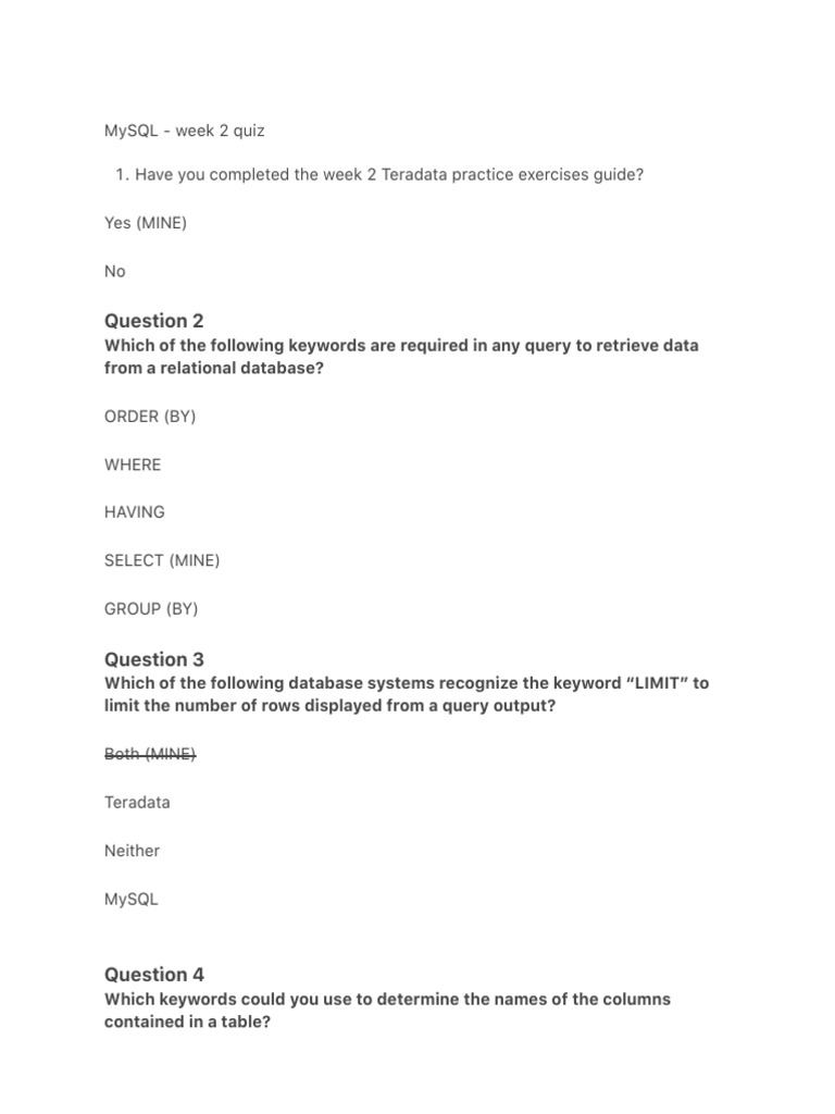 MySQL - Week 2 Quiz | PDF | Relational Model | Databases