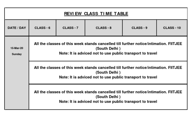 Updated Review Class Time Table Class 6 To 10 10 Mar To 15 March 2020 ...