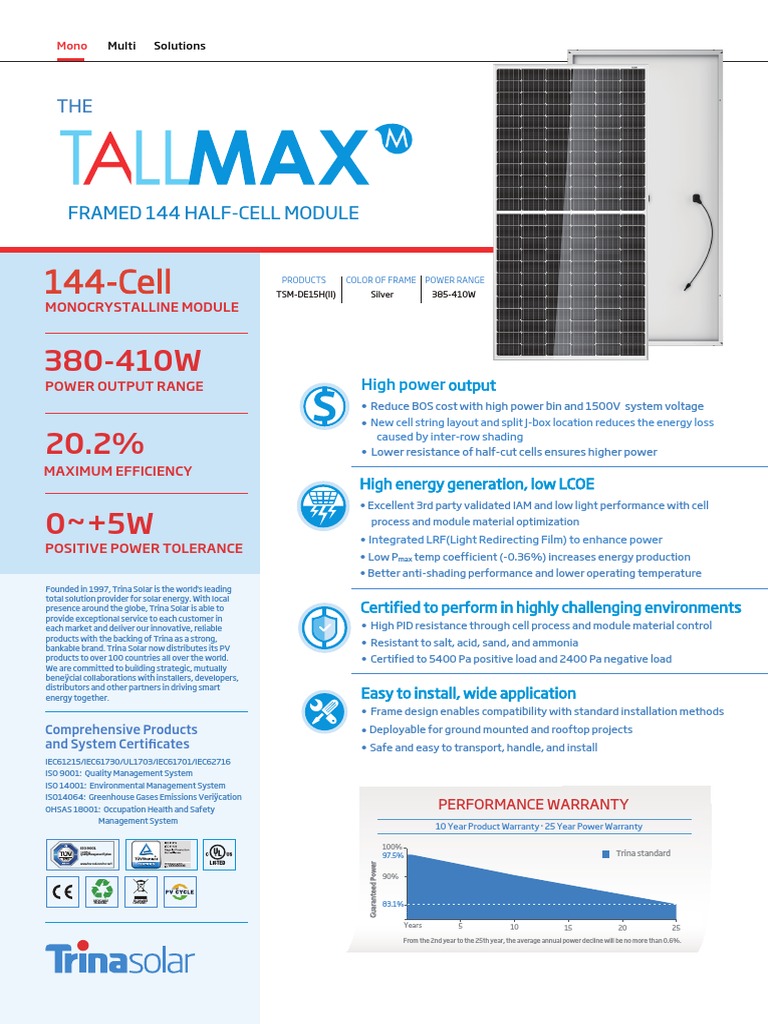 Trina Datasheet - TallmaxM - DE15H (II) - NA - 2019 - D PDF | PDF | Photovoltaics | Solar Energy