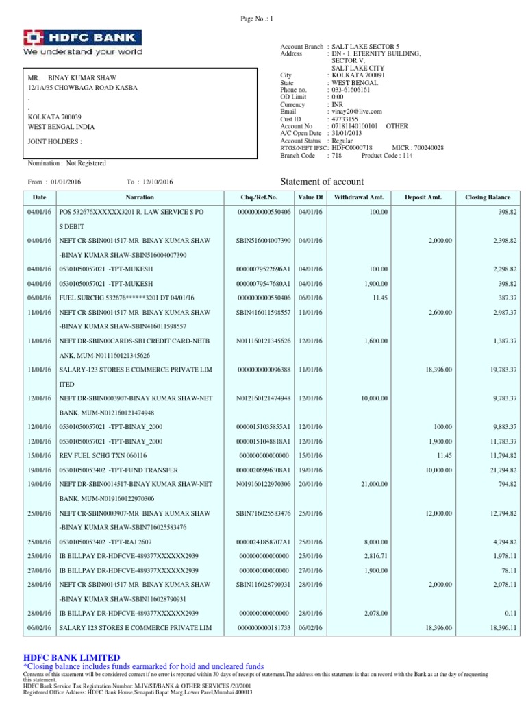 HDFC Bank Account Statement Sample | PDF | Money | Economies