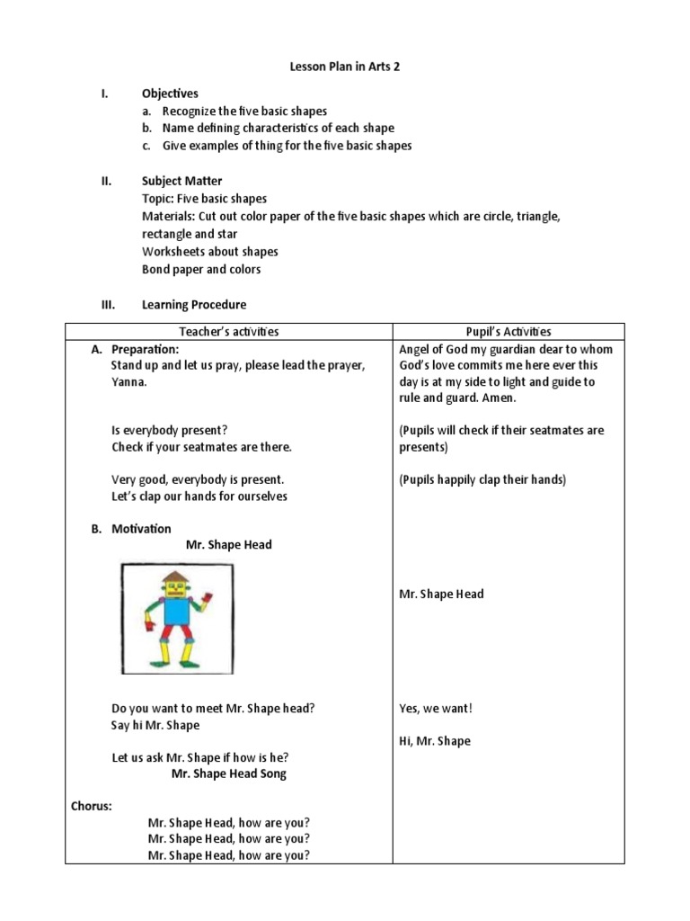 Detailed Lesson Plan in Arts | PDF | Shape | Lesson Plan