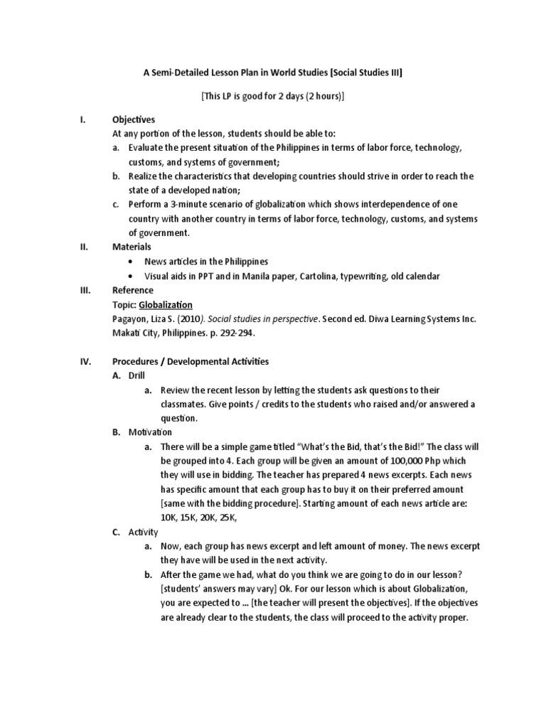 A Semi-Detailed Lesson Plan in SS 3 Worl | PDF | Lesson Plan ...