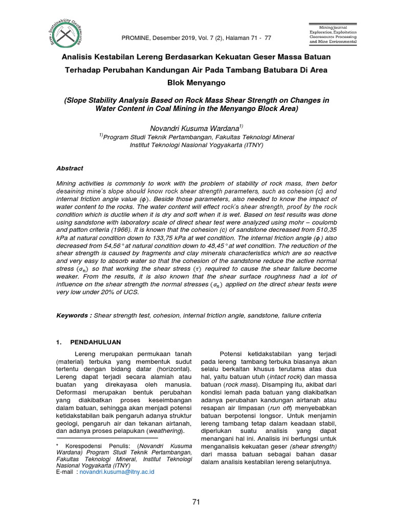 Analisis Kestabilan Lereng Berdasarkan Kekuatan Geser Massa Batuan Terhadap Perubahan Kandungan ...