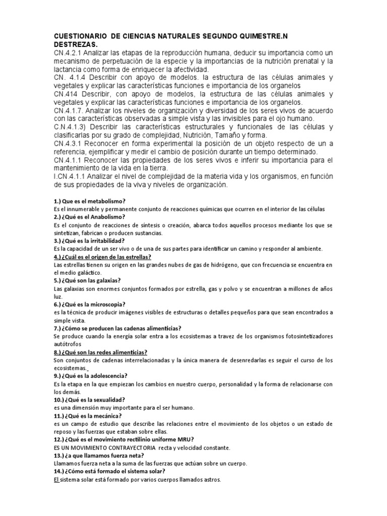CUESTIONARIO DE CCNN Segundo | PDF | Organismos | Biología Celular)